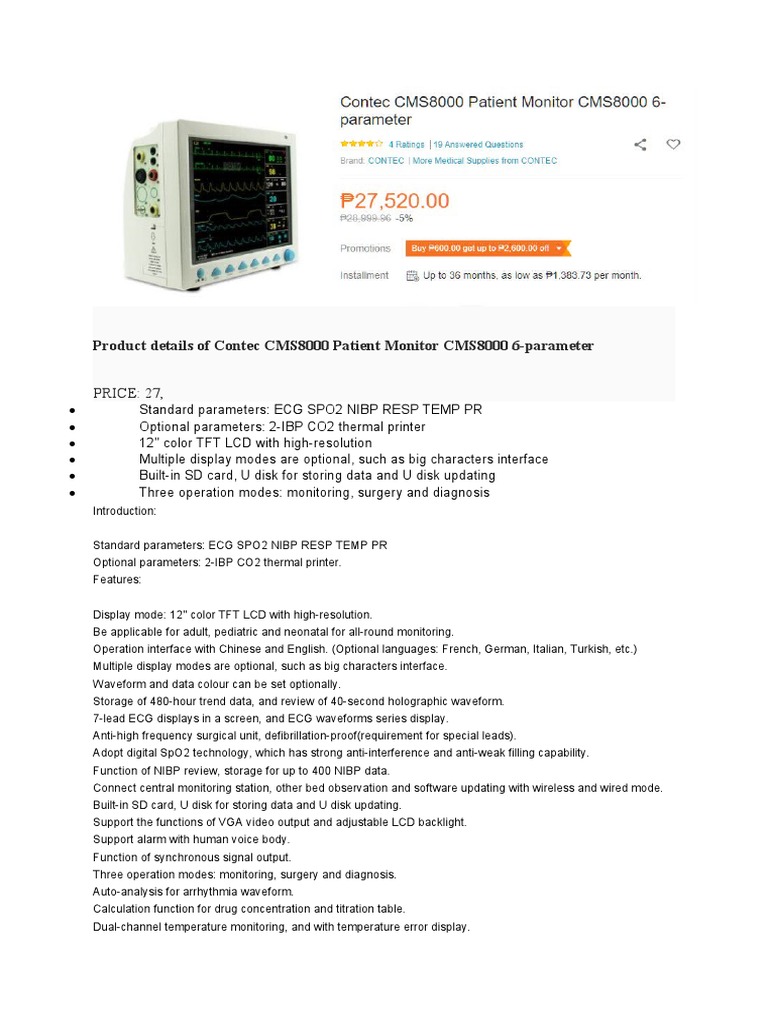Product Details of Contec CMS8000 Patient Monitor CMS8000 6-Parameter ...
