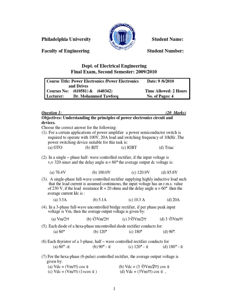 Analysis of Power Electronics Exam Questions on Power Converters, Rectifiers, Inverters and DC ...