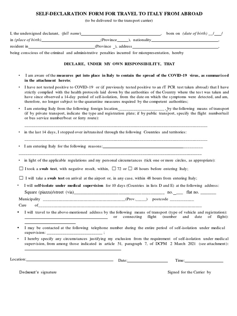 Self-Declaration Form For Travel To Italy From Abroad: Declare, Under ...