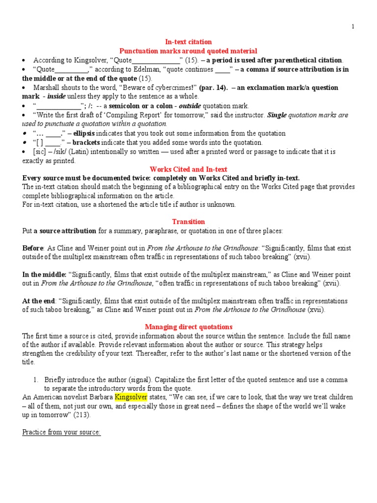 In-Text Citation Punctuation Marks Around Quoted Material: Used To ...