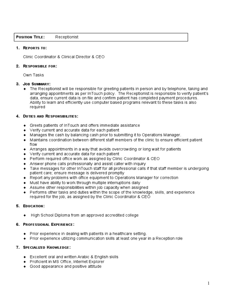 Receptionist Job Description | PDF | Patient | Business