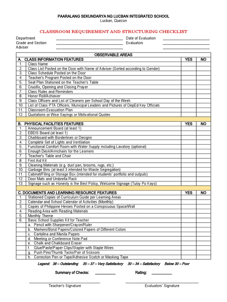 Classroom Requirement and Structuring Checklist | PDF | Classroom ...