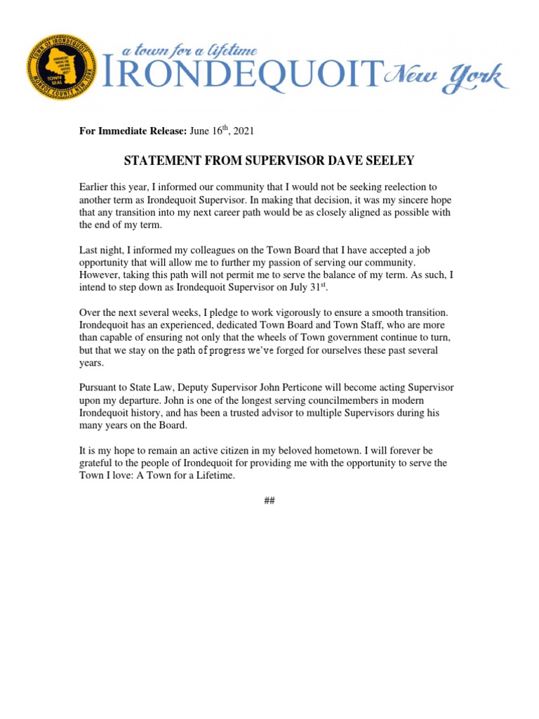 Statement From Supervisor Seeley - 06.16.21 | PDF