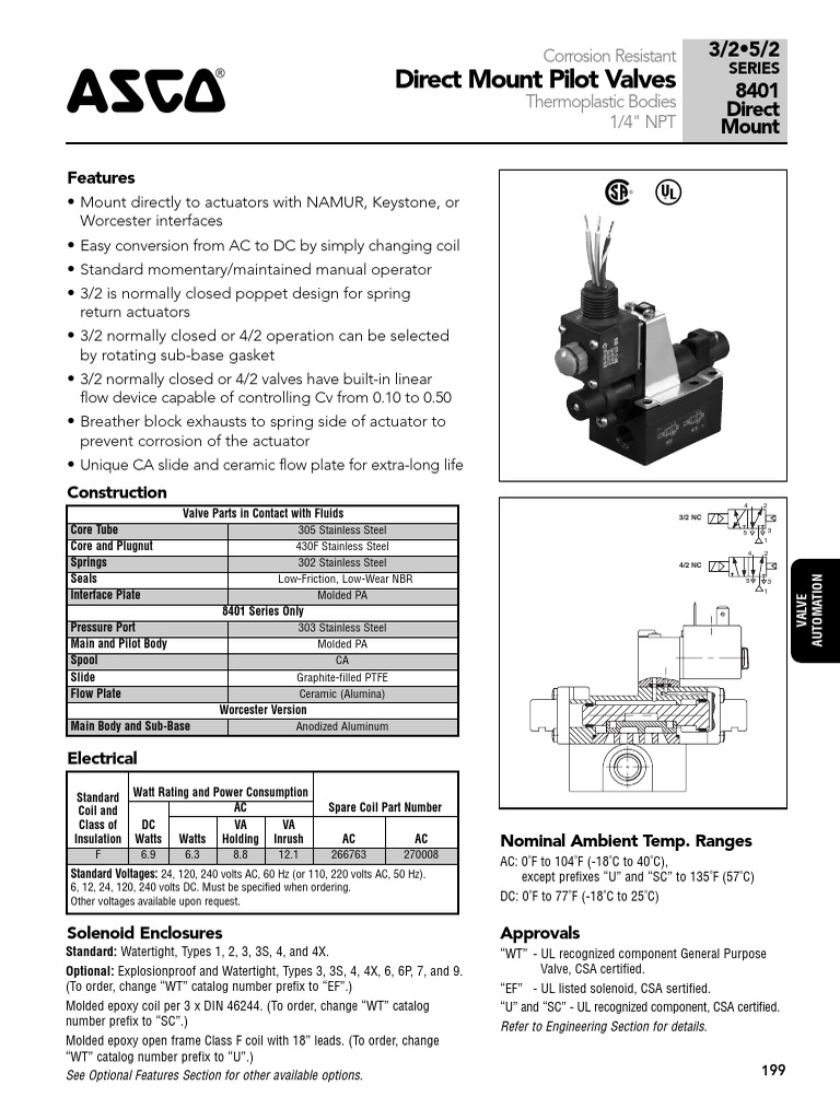 Asco Series 401 Direct Mount Pilot Catalog | PDF | Valve | Alternating ...