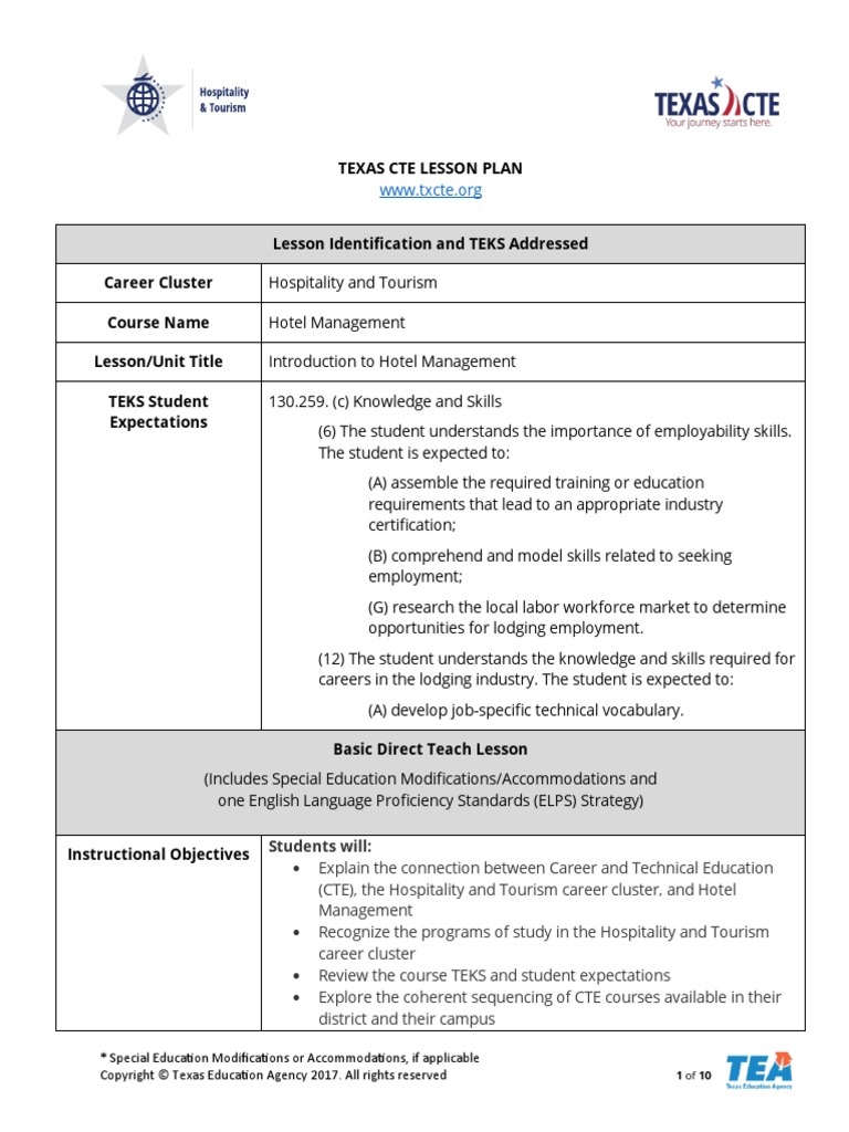 Lesson Plan - Introductory Lesson - Hotel Management - 0 | PDF ...