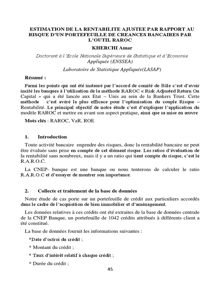 Estimation de La Rentabilite Ajustee Par Rapport Au Risque D'un Portefeuille de Creances ...