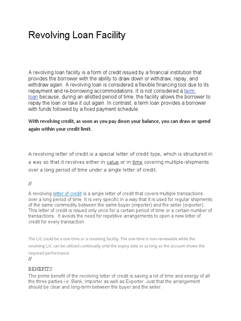 Revolving Loan Facility | PDF | Letter Of Credit | Financial Transaction