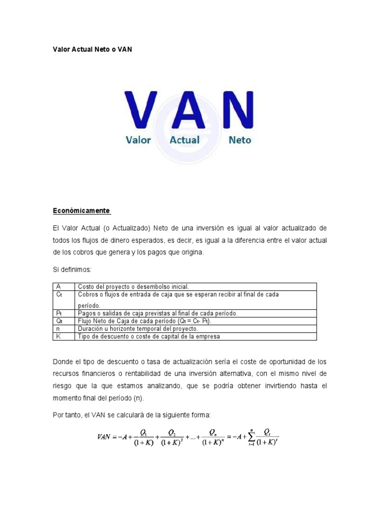 Valor Actual Neto o VAN | PDF | Valor presente neto | Beneficio (economía)