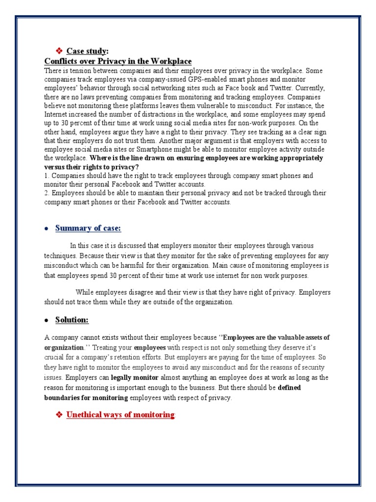 Case Study: Conflicts Over Privacy in The Workplace | PDF | Privacy ...