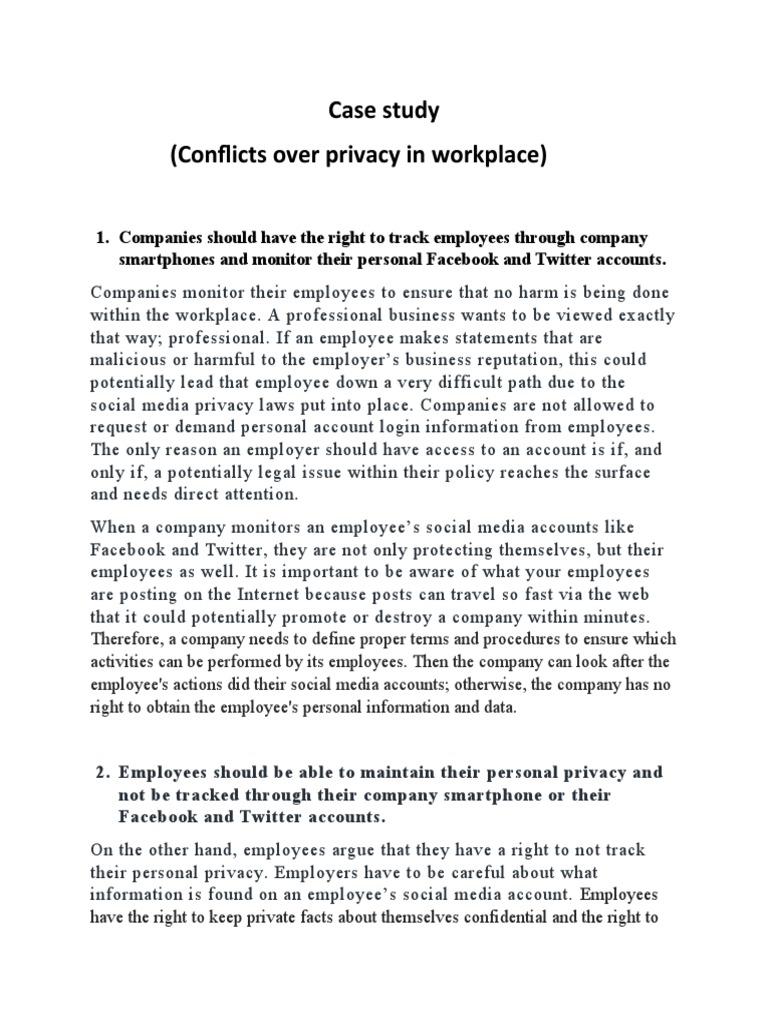 Case Study (Conflicts Over Privacy in Workplace) | PDF | Privacy ...