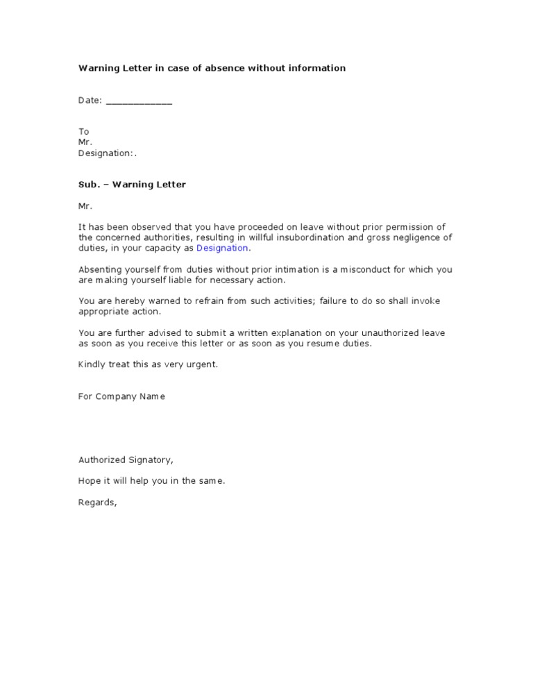 Warning Letter in case of absence without information