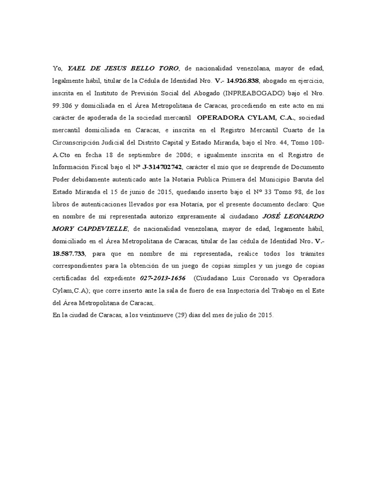 Carta Poder YBT A JMC Copias Operadora Cylam, C.A | PDF