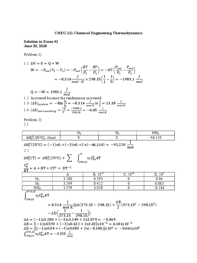 Solution To Exam #1 For Chemical Engineering Thermodynamics (2018 ...