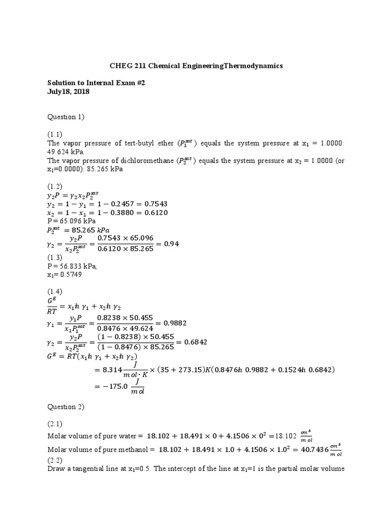 Thermodynamics Exam #2 Solutions | PDF | Physical Chemistry ...