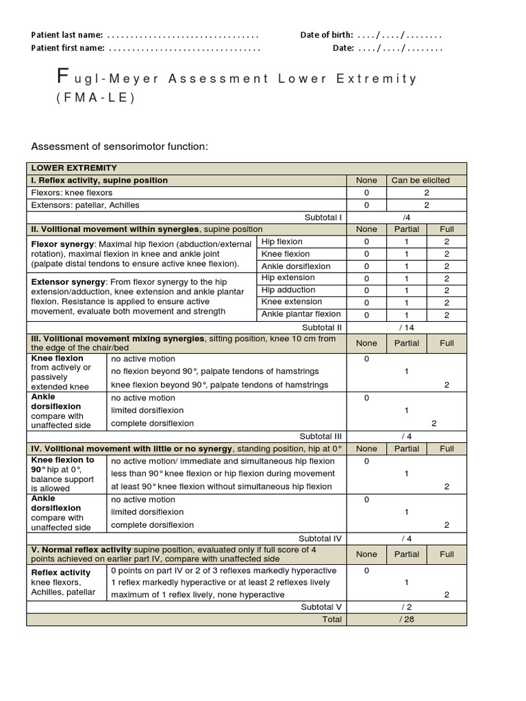 Fugl-Meyer Lower Extremity Assessment | PDF | Anatomical Terms Of Motion | Human Leg