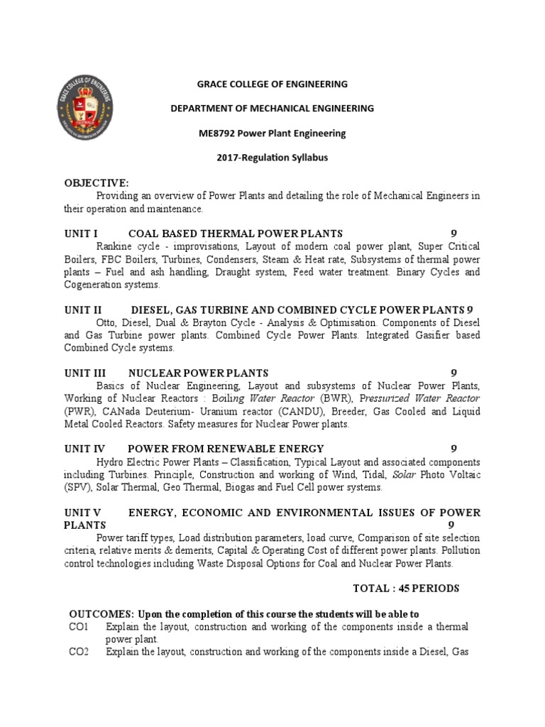 ME8792 Power Plant Engineering Syllabus | PDF | Power Station | Nuclear Reactor