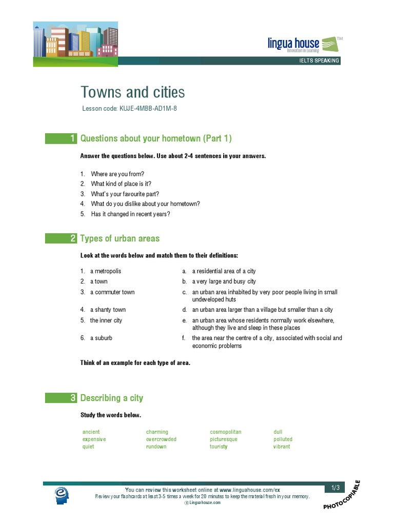 IELTS Speaking: Towns and Cities Guide | PDF | Human Nature | Cognition