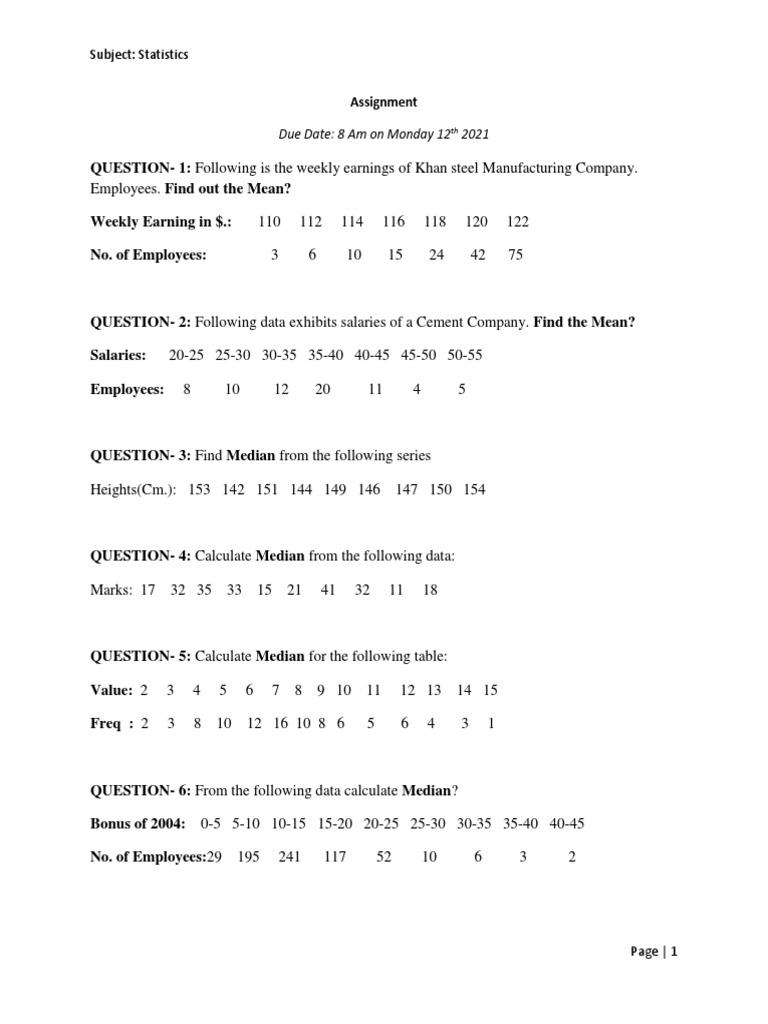 Statistics - Assignment | PDF | Median | Mean