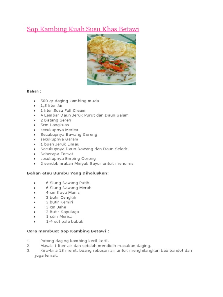 Sop Kambing Kuah Susu Khas Betawi | PDF | Memasak, Makanan, & Anggur