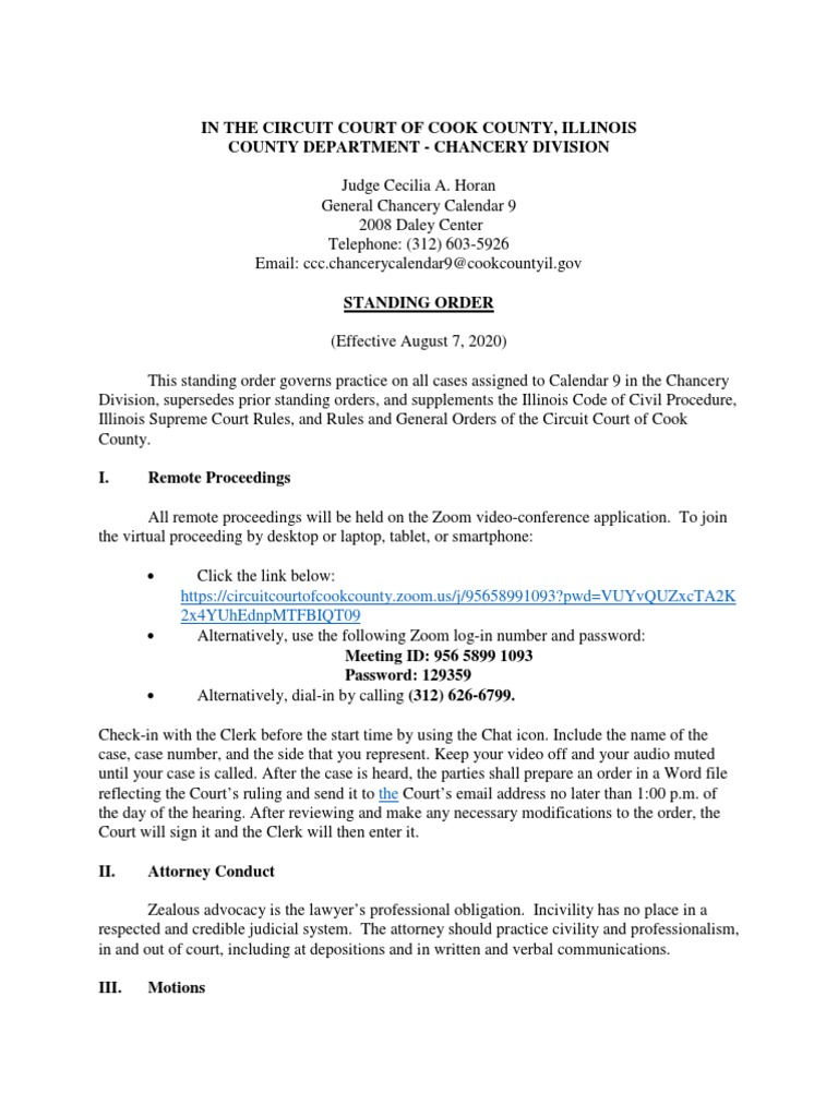 Cook County Circuit Court Standing Order Summary | PDF | Discovery (Law ...