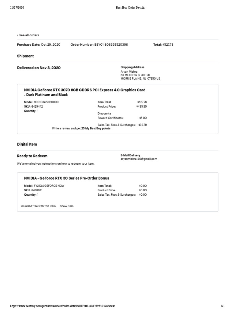 NVIDIA GeForce RTX 3070 Graphics Card Purchase from Best Buy on October ...