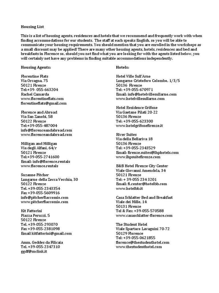 Housing List | PDF | Florence | Hospitality Industry
