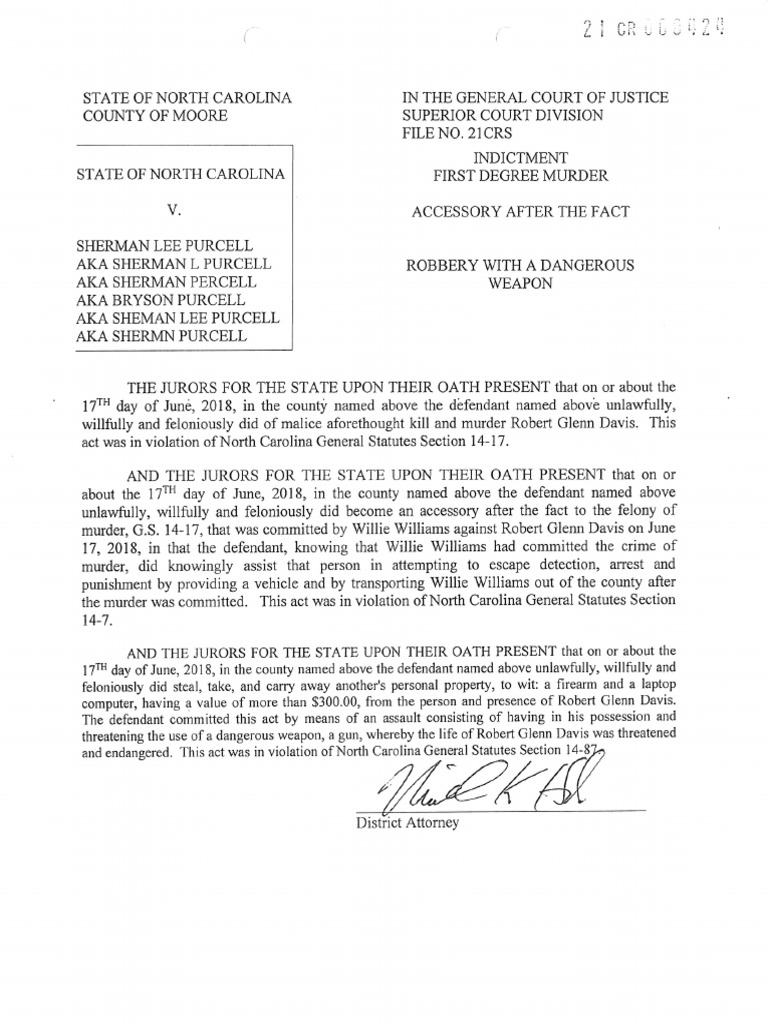 Bill of Indictment For Sherman Lee Purcell | PDF
