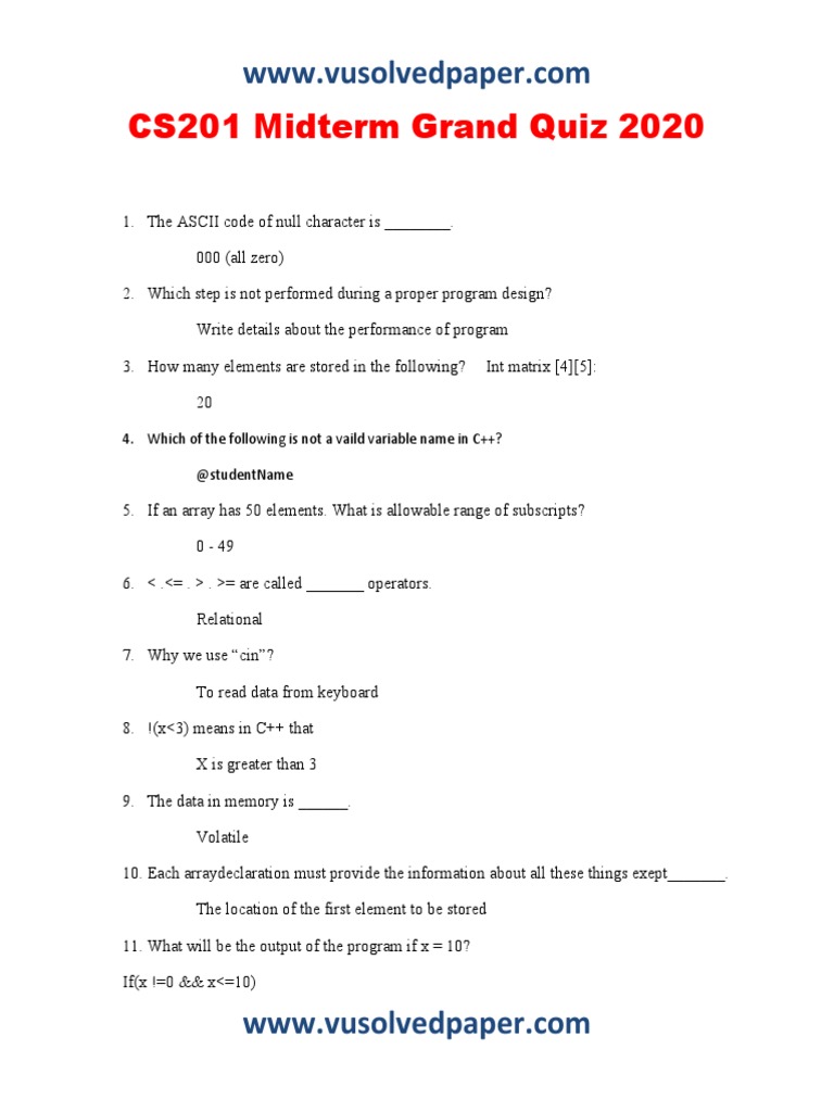 Cs201 Grand Quiz | PDF | Pointer (Computer Programming) | Computer ... Cs201 Grand Quiz | PDF | Pointer (Computer Programming) | Computer ...