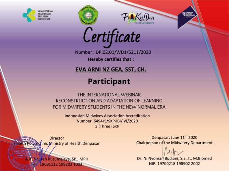 Sertifikat Webinar Polkesden 11 Juni 2020 EVA ARNI NZ GEA, SST, CH. | PDF