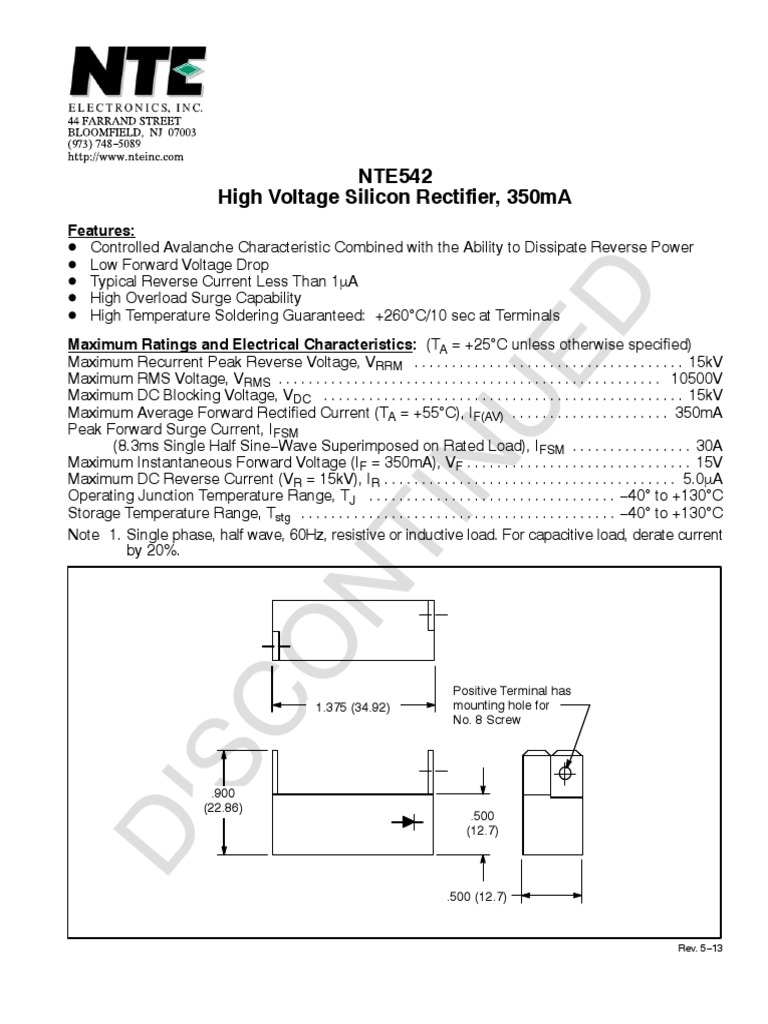 NTE542 High Voltage Silicon Rectifier, 350ma: Features | PDF ...