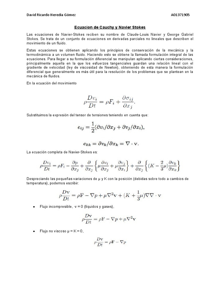 Ecuacion de Cauchy y Navier Stokes | PDF