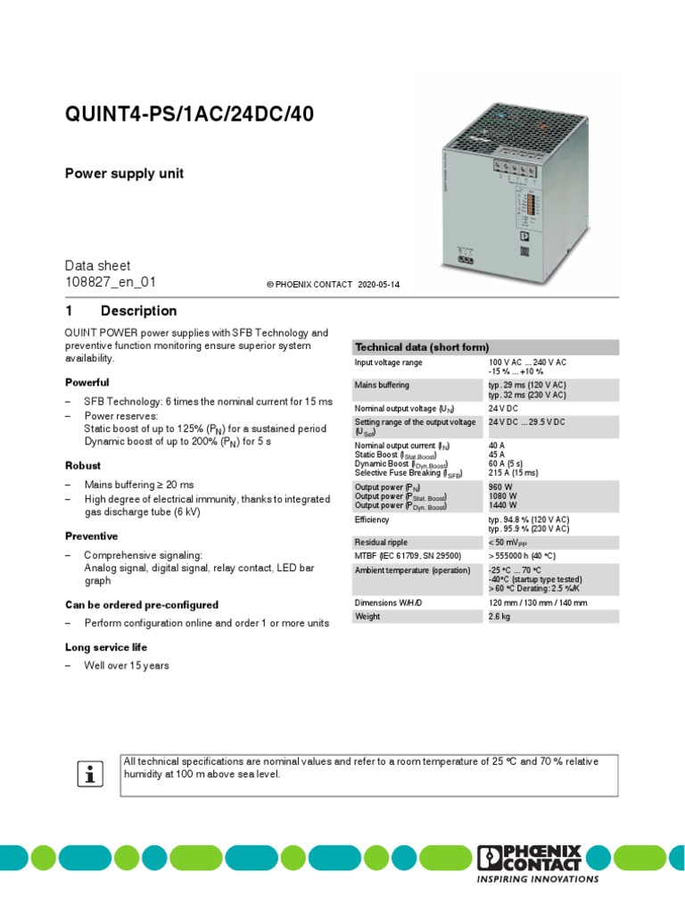 QUINT4-PS/1AC/24DC/40: Power Supply Unit | Download Free PDF | Power ...