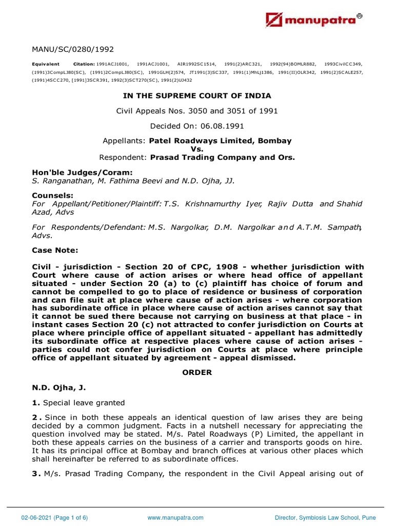 Patel Roadways Limited Bombay Vs Prasad Trading Co0526s920166COM825322 ...