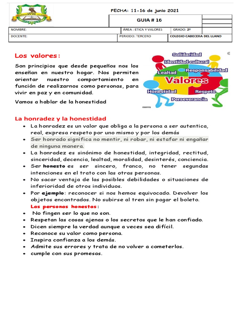Guia #16 Etica y Valores Segundo Grado | PDF