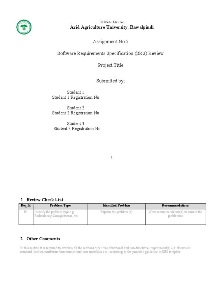 Assignment No.5 Software Requirements Specification (SRS) Review Project Title Submitted by | PDF