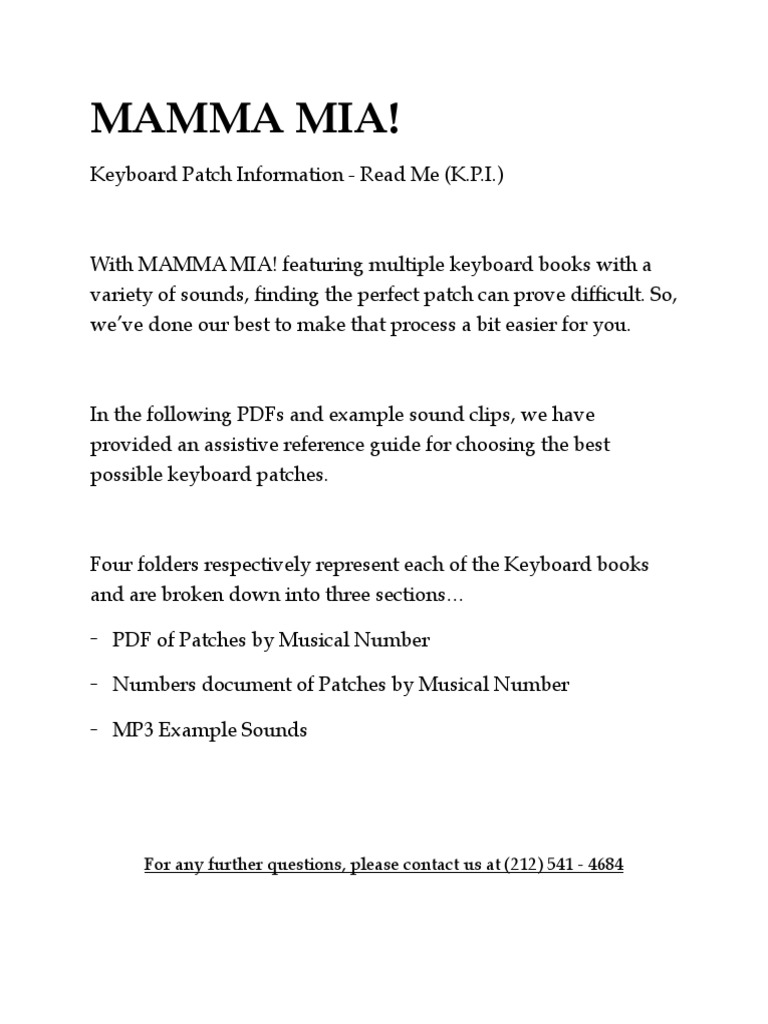 MAMMA MIA! Keyboard Patch Information Guide: A Concise Reference for ...