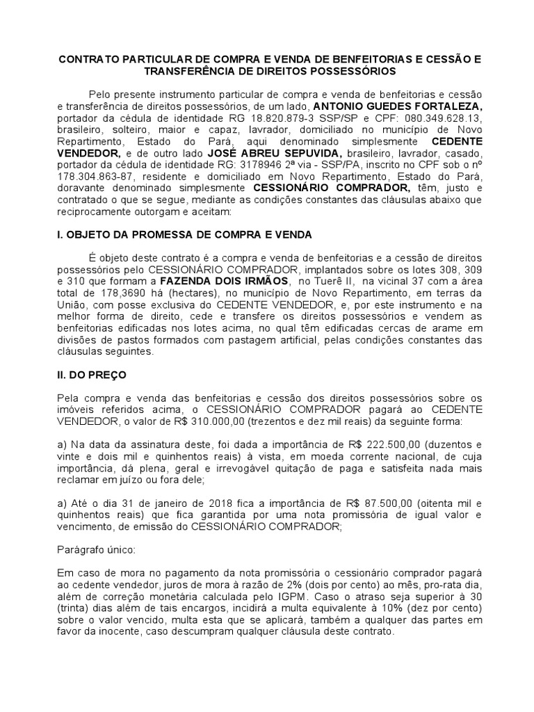 Contrato Particular De Compra E Venda De Benfeitorias E Cessão E