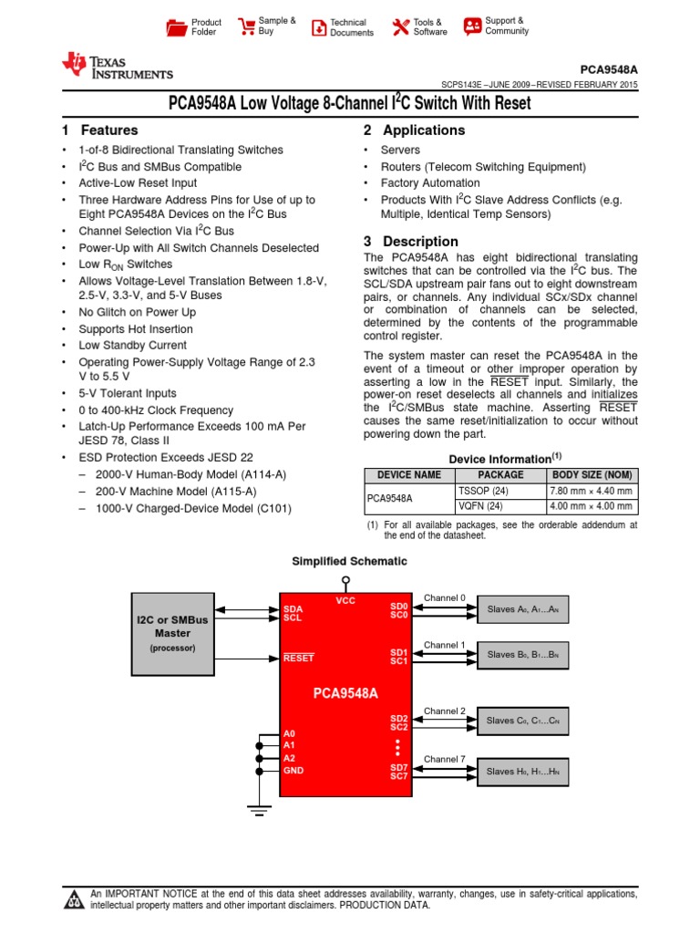 PCA9548A Low Voltage 8-Channel I C Switch With Reset: 2 1 Features 2 Applications | PDF ...