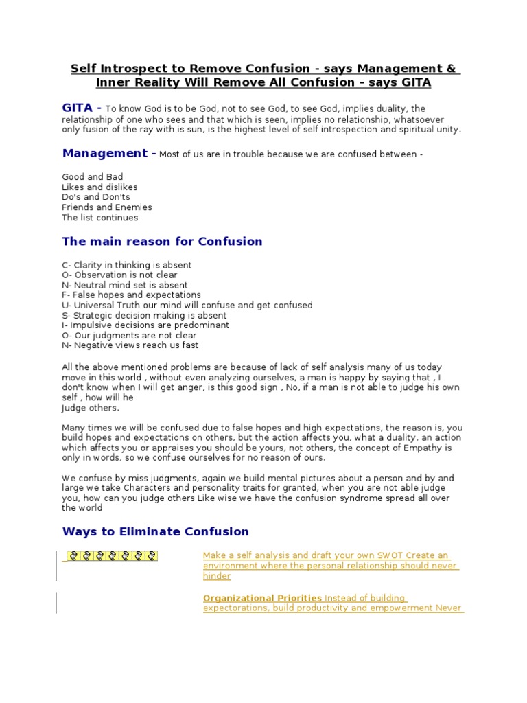 Self Introspect To Remove Confusion | PDF | Thought | Bhagavad Gita