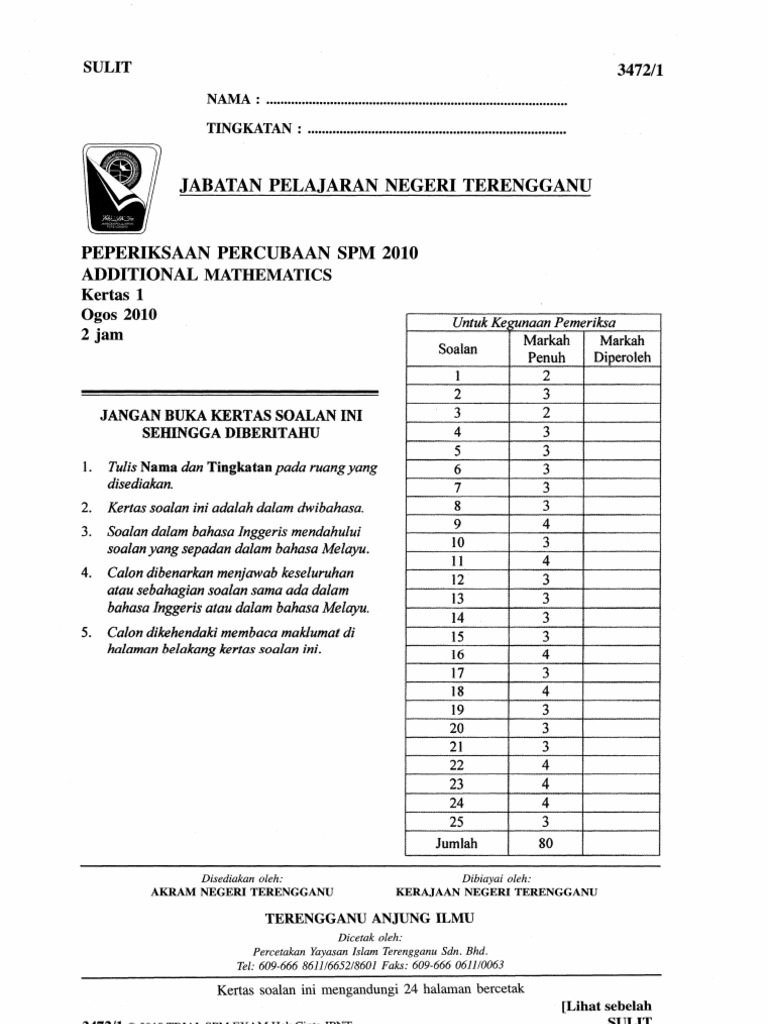 SPM Terengganu Addmath P1 2010 | PDF