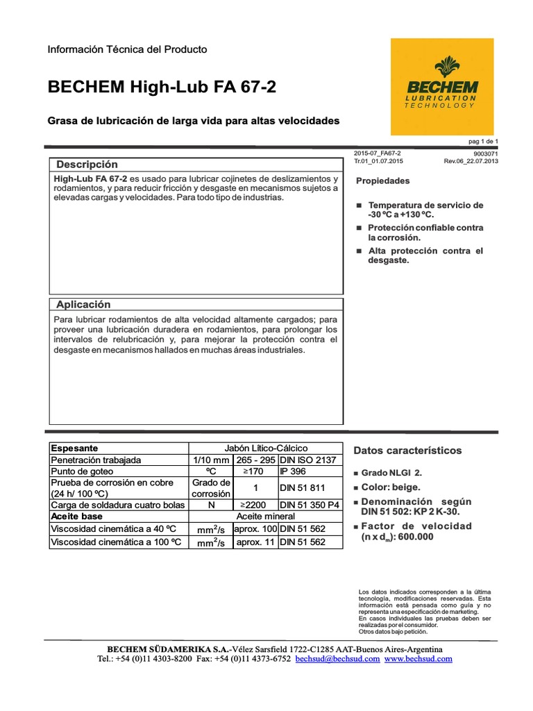 Grasa Bechem FA 67-2 | PDF | Lubricante | Física Aplicada e Interdisciplinaria