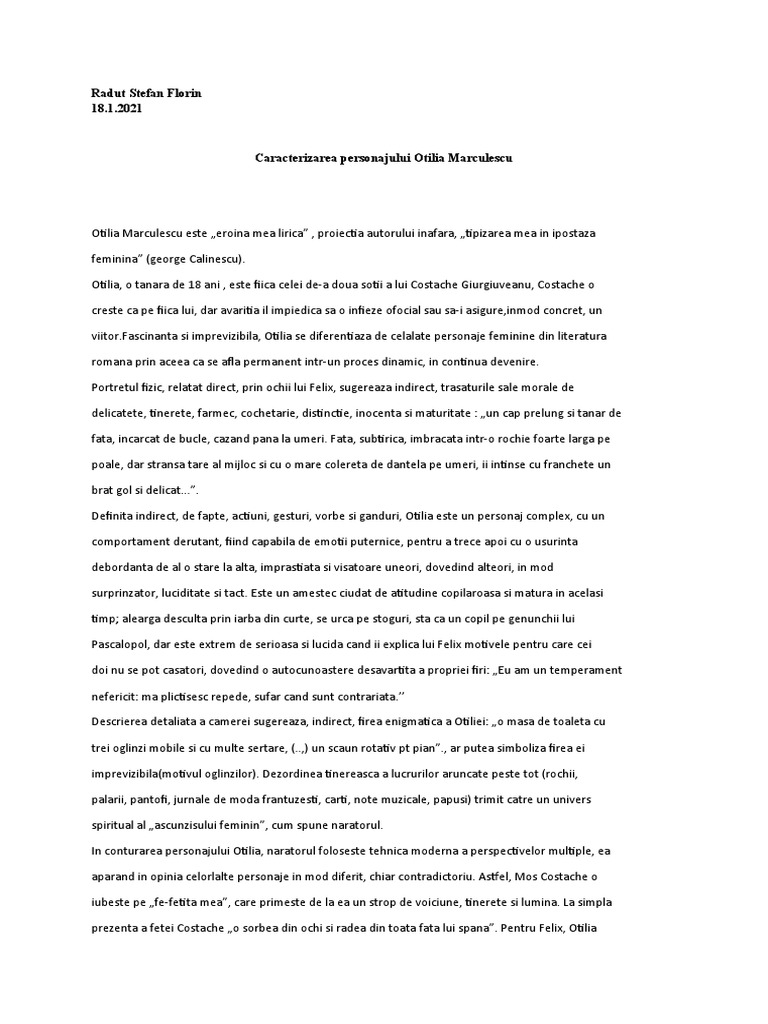 Caracterizare Personaj Otilia Marculescu | PDF