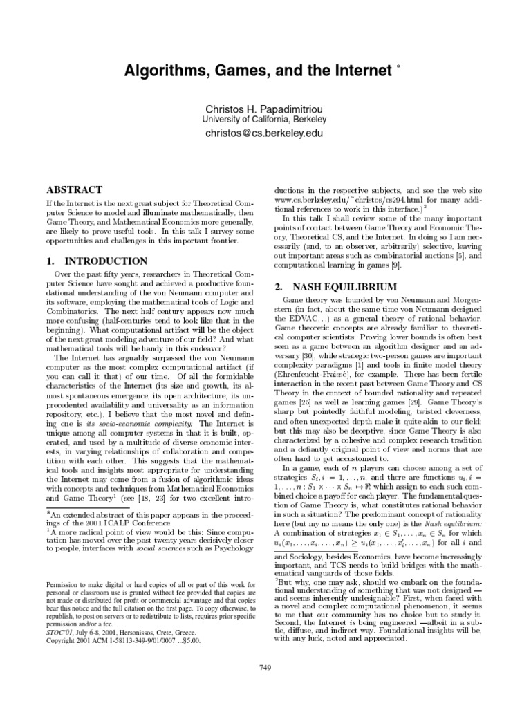 Papadimitriou, Christos H. - 'Algorithms, Games, and The Internet ...