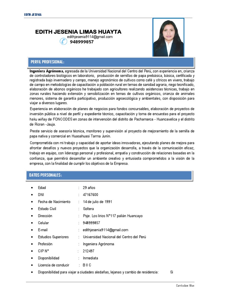 Curriculum Vitae Ingeniera Agrónoma | PDF | Agricultura | Perú