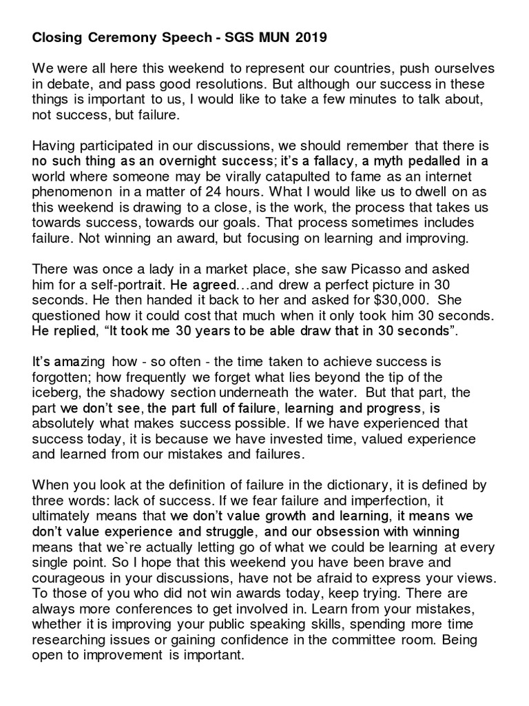 Closing Ceremony Speech - SGS MUN 2019 | PDF