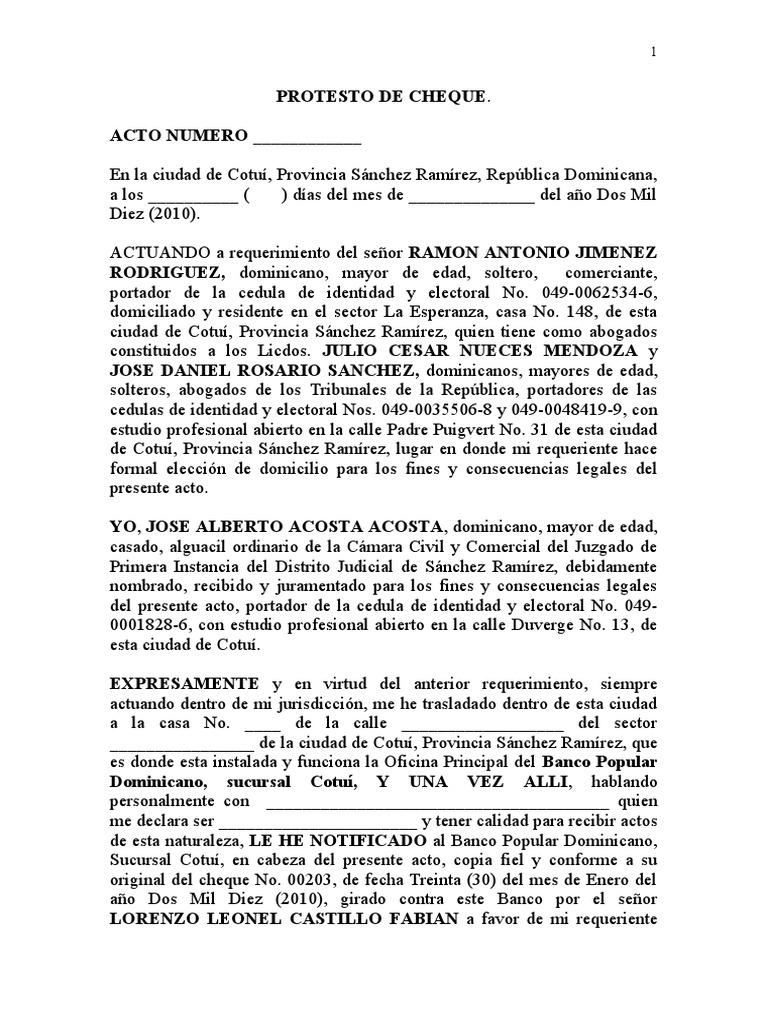 Protesto de Cheque Ramon Jimenez | PDF | Cheque | República Dominicana