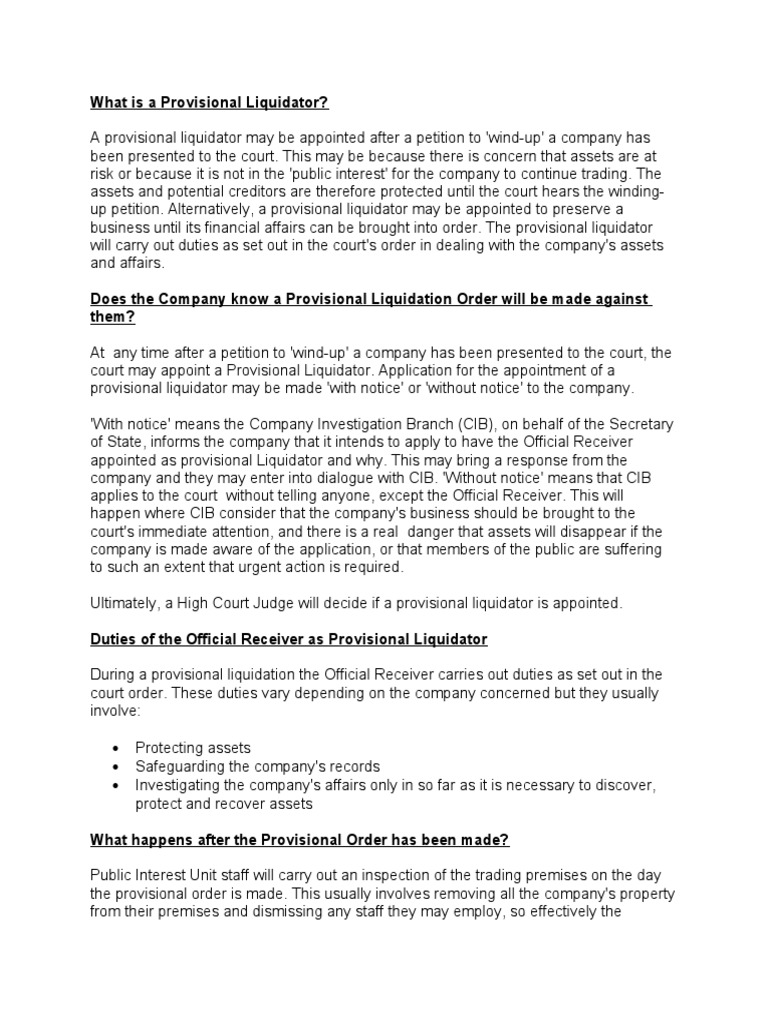 What Is A Provisional Liquidator | PDF | Liquidation | Business