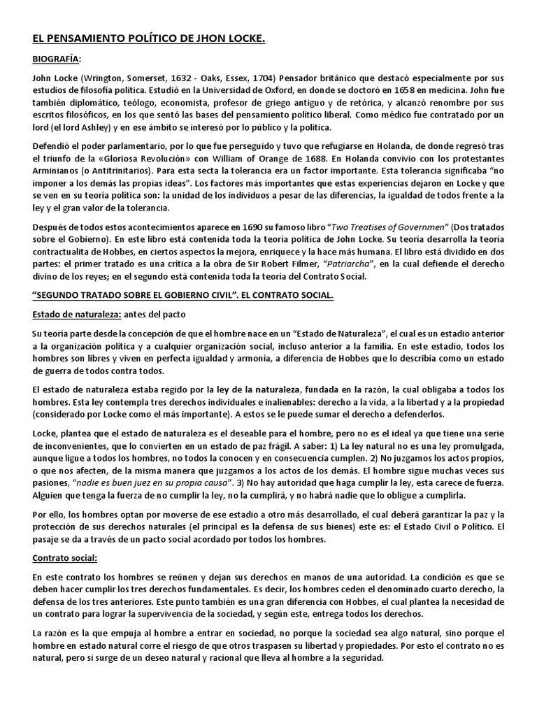 Resumen de Locke | PDF | John Locke | Contrato social