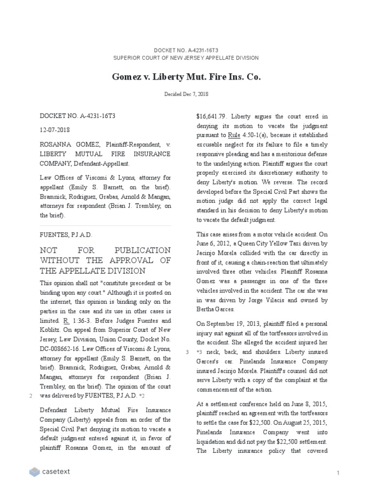 Gomez v. Liberty Mut. Fire Ins. Co | PDF | Default Judgment | Complaint