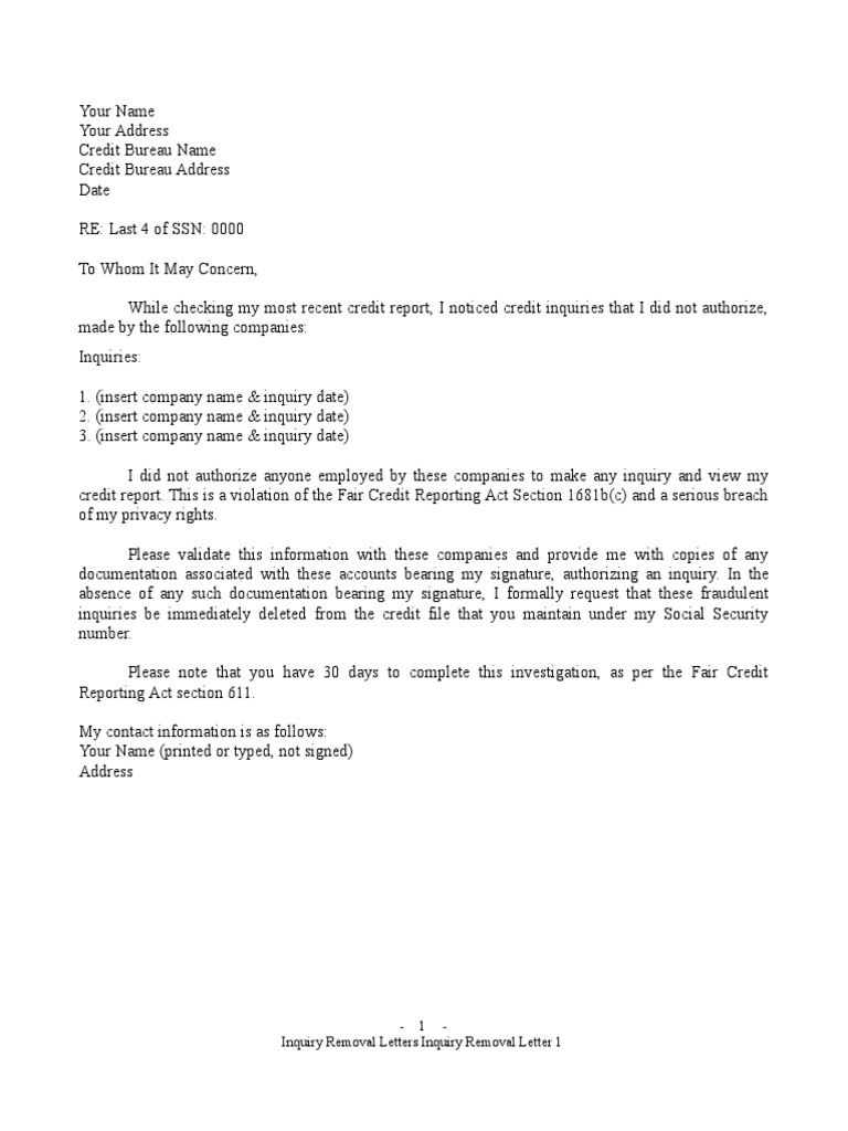 Inquiry Removal Letters Inquiry Removal Letter 1 | PDF